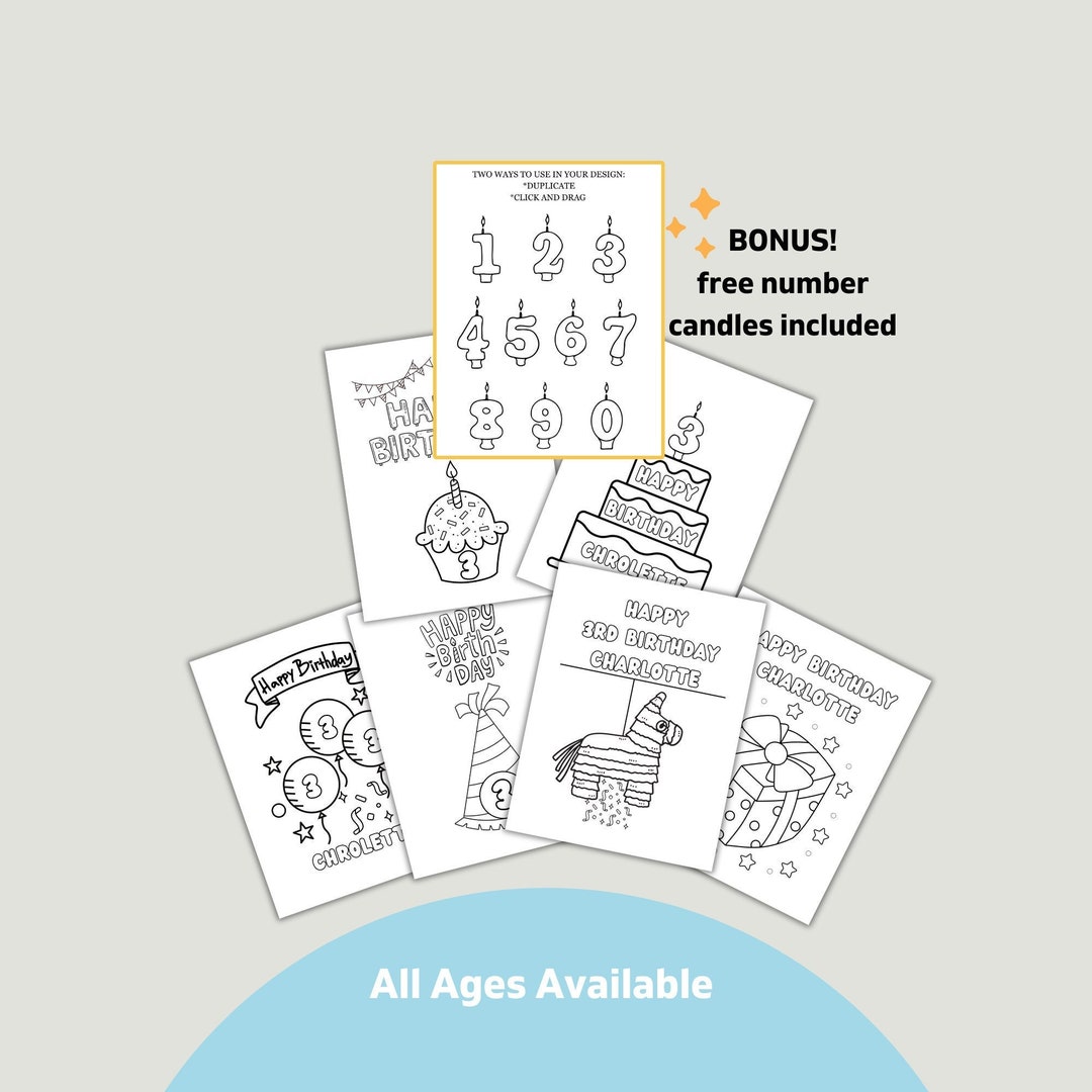 Editable Birthday Coloring Pages for Kids 6 Customizable Digital ...