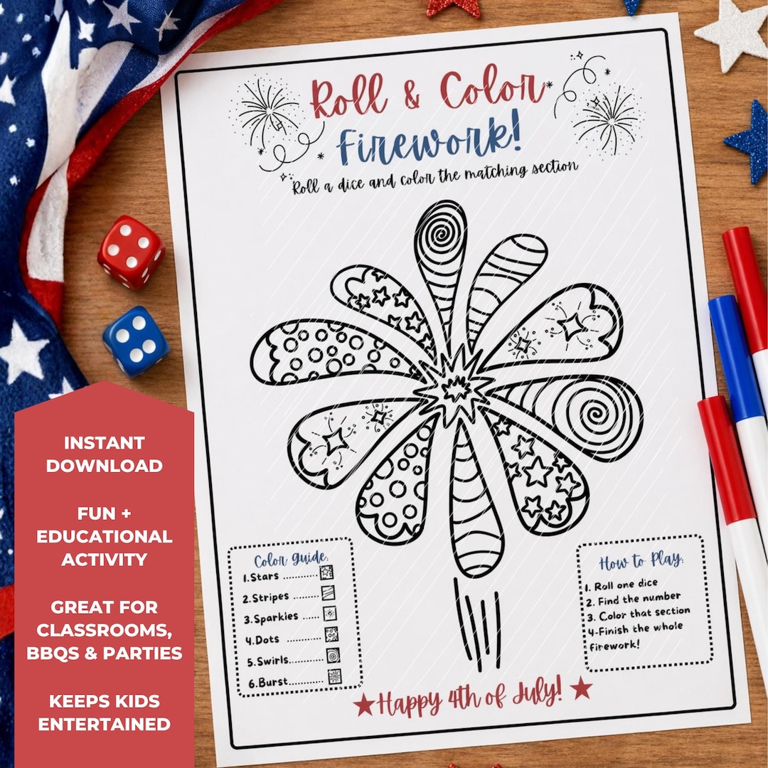 4th of July Kids Activity Game Printable | Roll & Color Firework Game ...