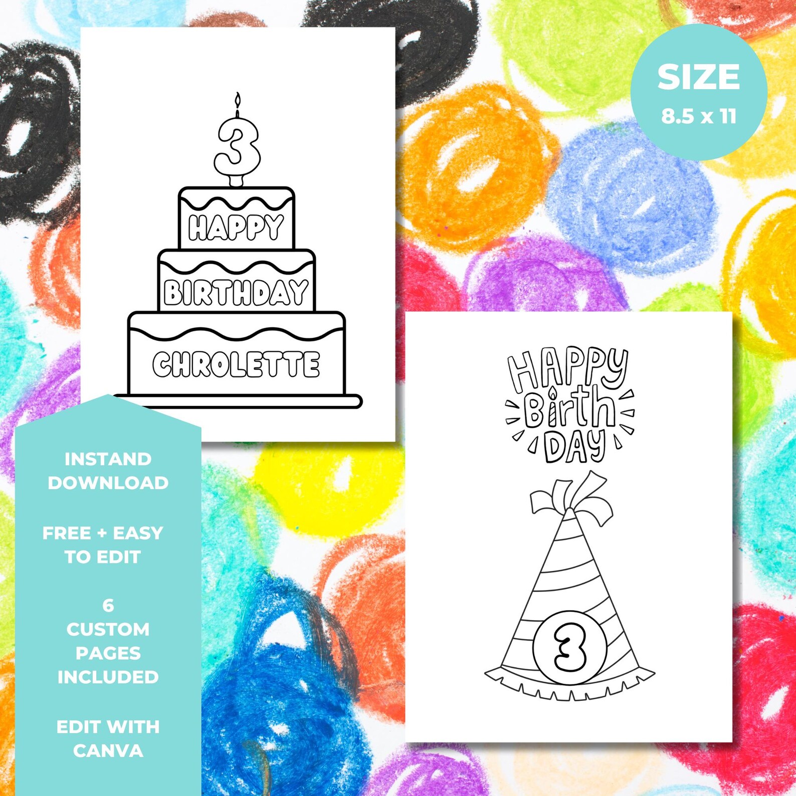 6 Customizable Birthday Coloring Pages - Etsy