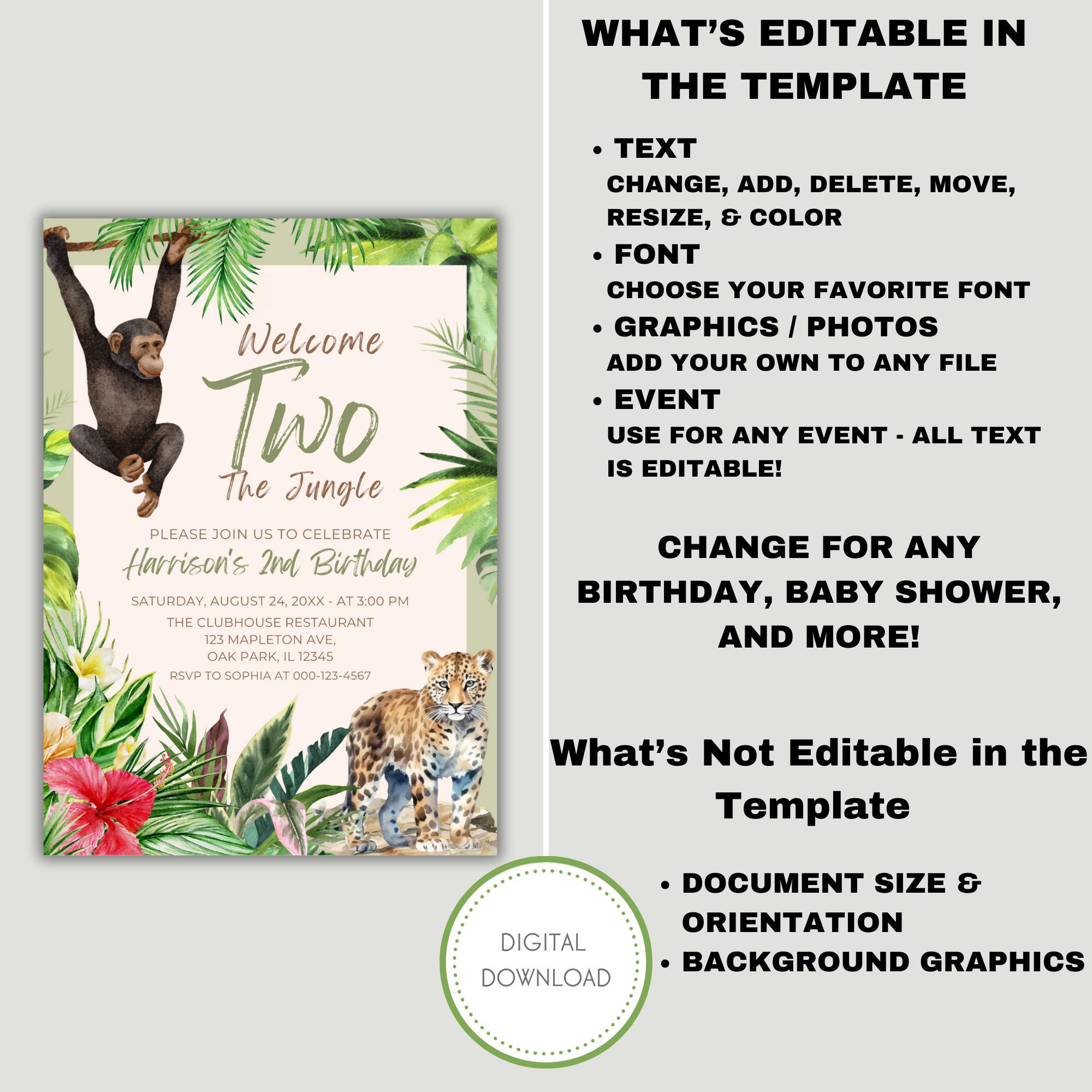 Jungle Safari Birthday Invitation: Welcome TWO the Jungle Editable ...