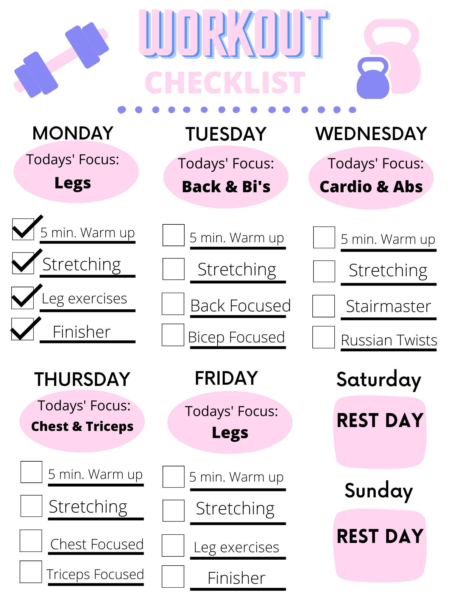 Weekly Workout Checklist! INSTANT DOWNLOAD. Printable and Editable! - Etsy
