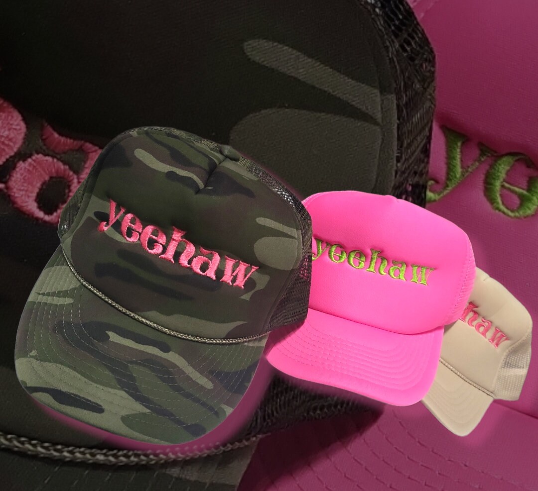 Retro Pink Camo Yeehaw Trucker Hat | Turquoise/jade Foam Trucker ...