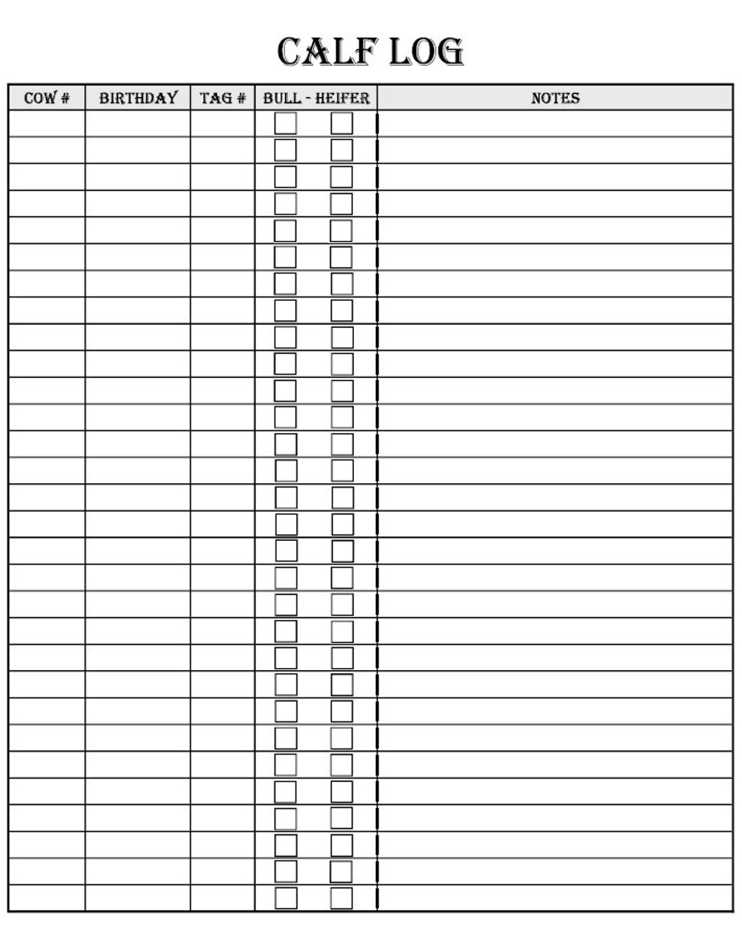 Calf Log Fillable or Printable - Etsy