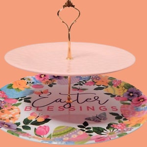 Two Tier Easter Serving Platter Set New 14" Floral and 9.5" Pink ...