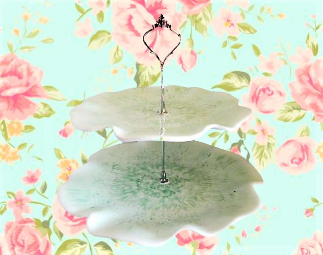 Two Tier Serving Plate Set New Trays Pastel Green Melamine Wavy Edge ...