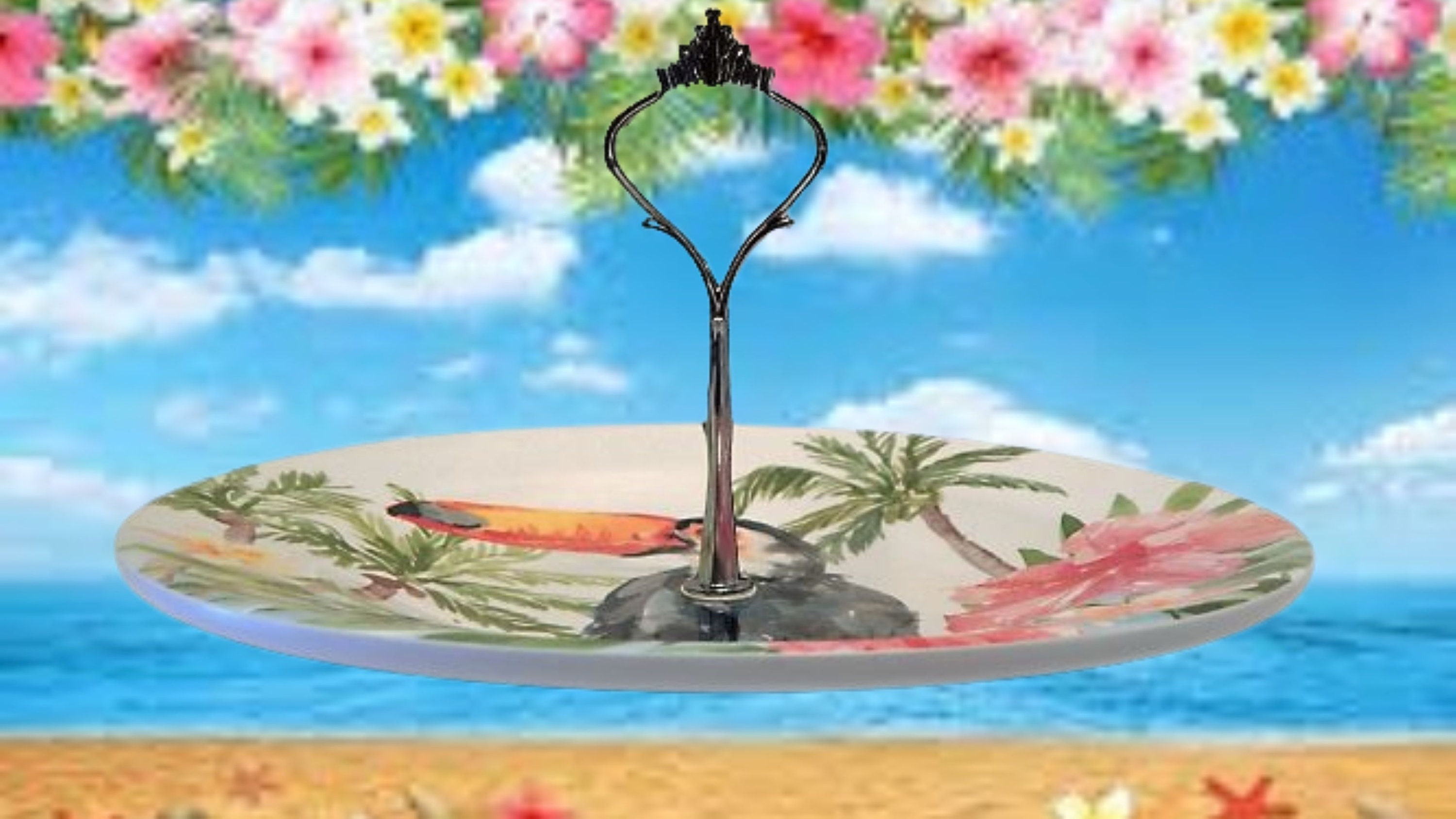 Toucan and Pink Hibiscus Single Tier Serving Dish New Melamine Shallow ...