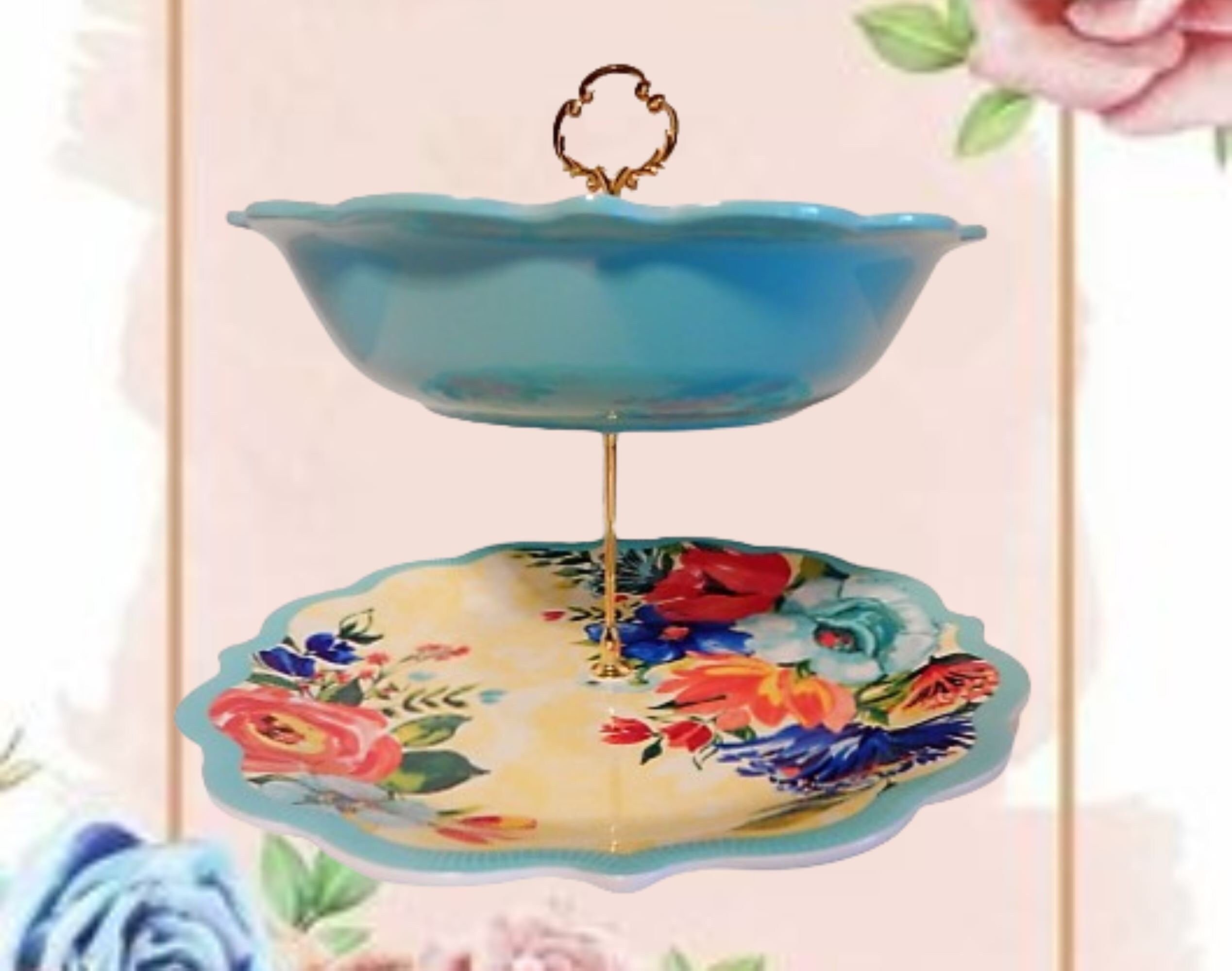 Two Tier Serving Set New Pioneer Woman Delaney Floral Teal Rim Plate ...