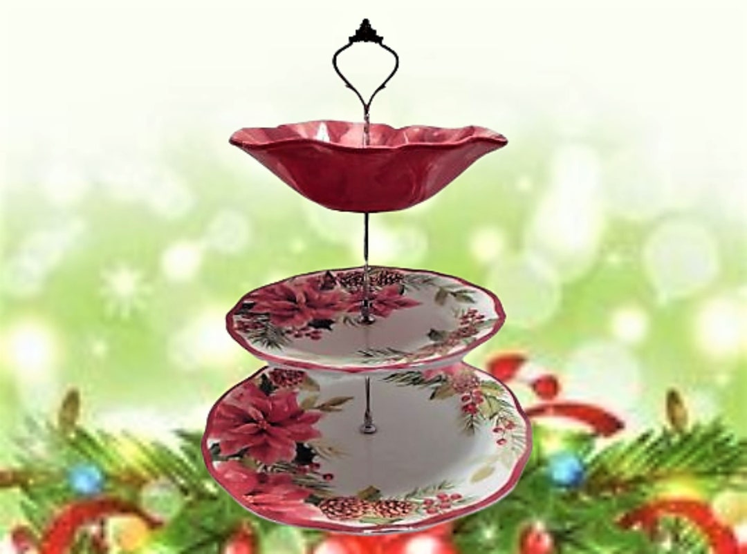 Three Tier Red Poinsettia Christmas Serving Dish Set New Melamine Bowl ...