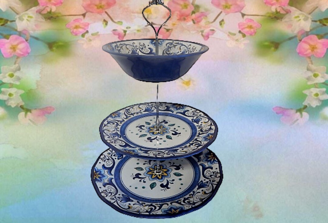 Three Tier Snack Serving Set New Riviera Blue Floral Melamine Platters ...