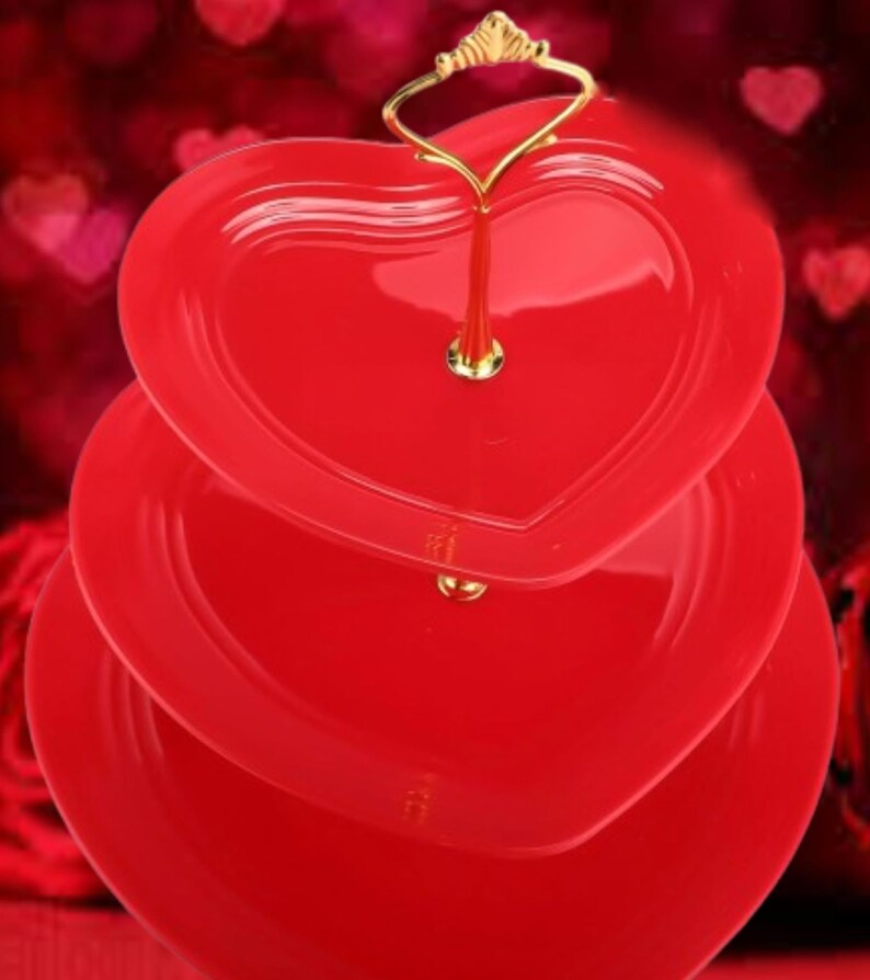 Valentines Day Red Heart Plate Serving Tray Set 3 Tier Plastic Dishes ...