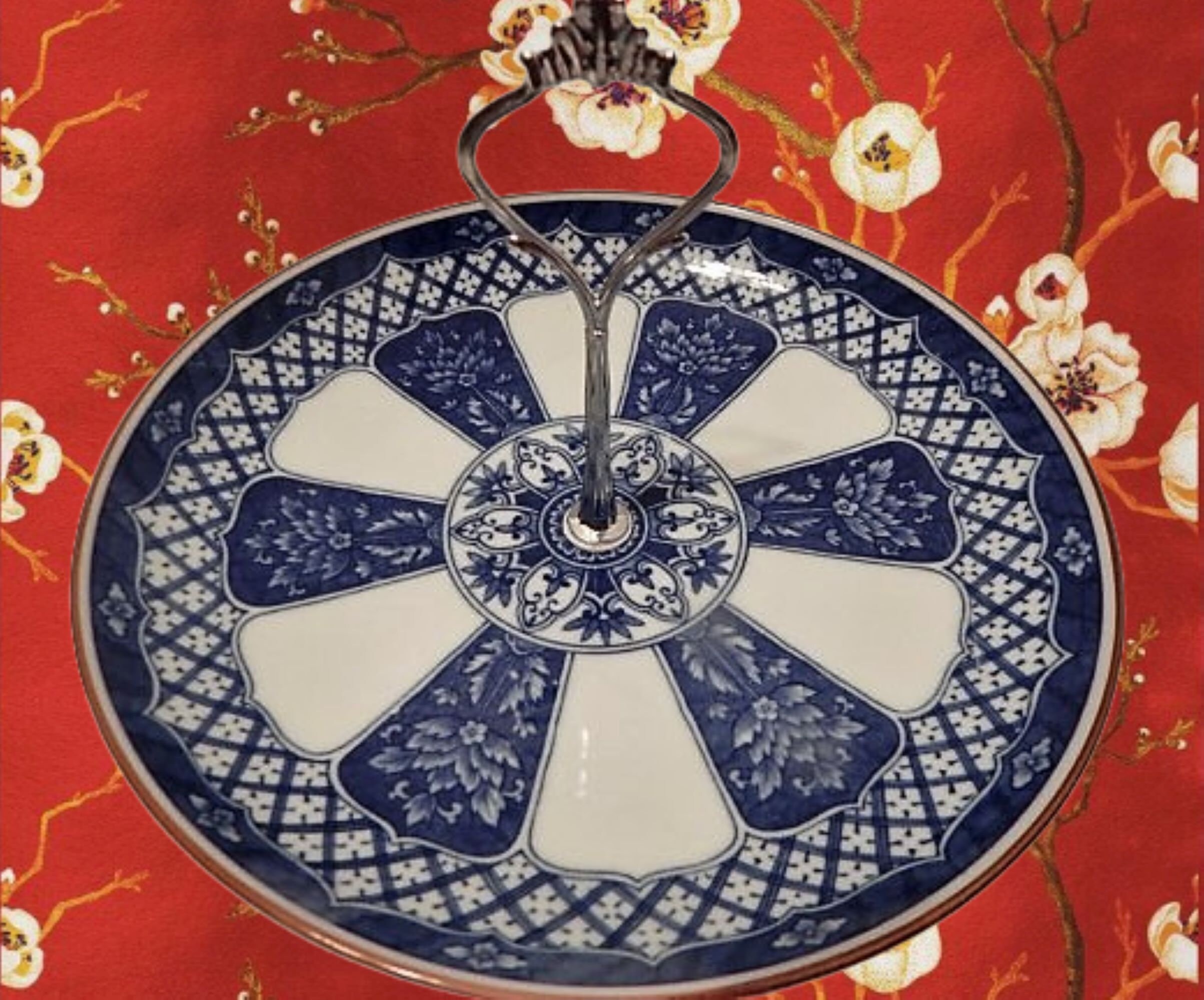 One Tier Snack Serving Plate Blue White Vintage Asian Upcycle ...