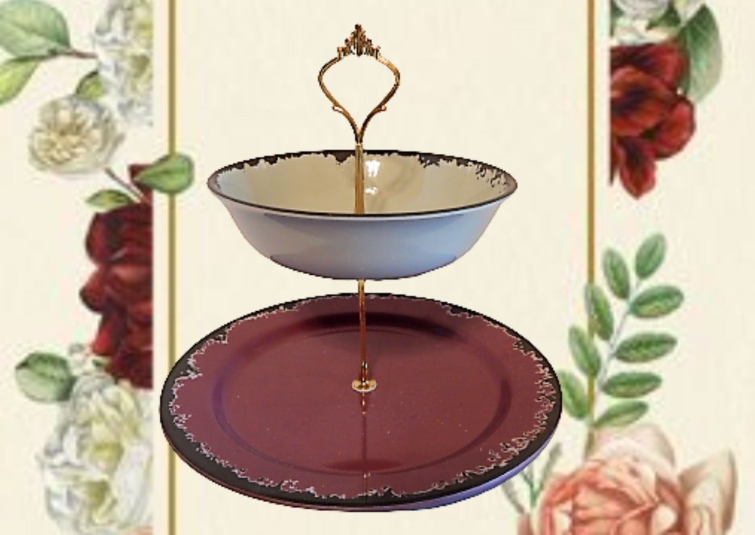 Two Tier Snack Serving Set New Melamine Rustic Red Cream and Beige ...