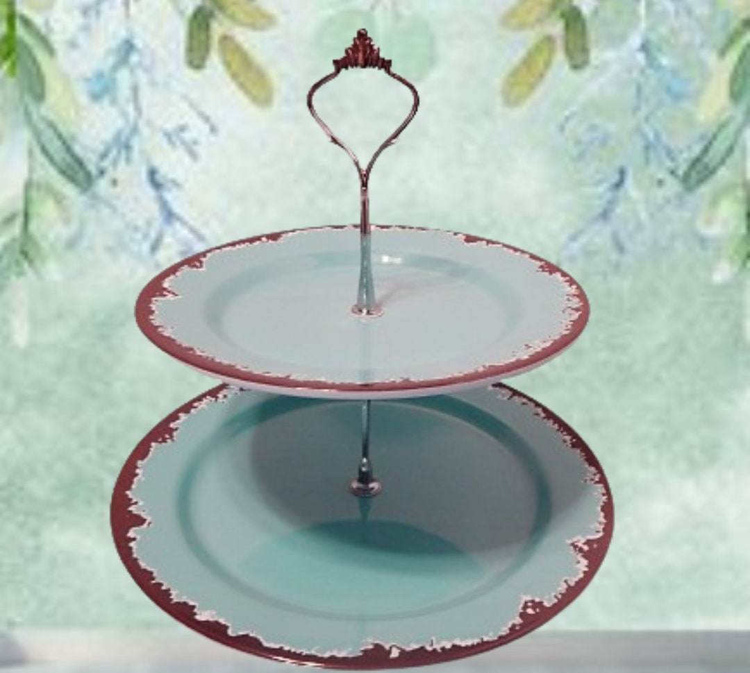Two Tier Snack Serving Set New Melamine Rustic Teal Plates Hardware ...