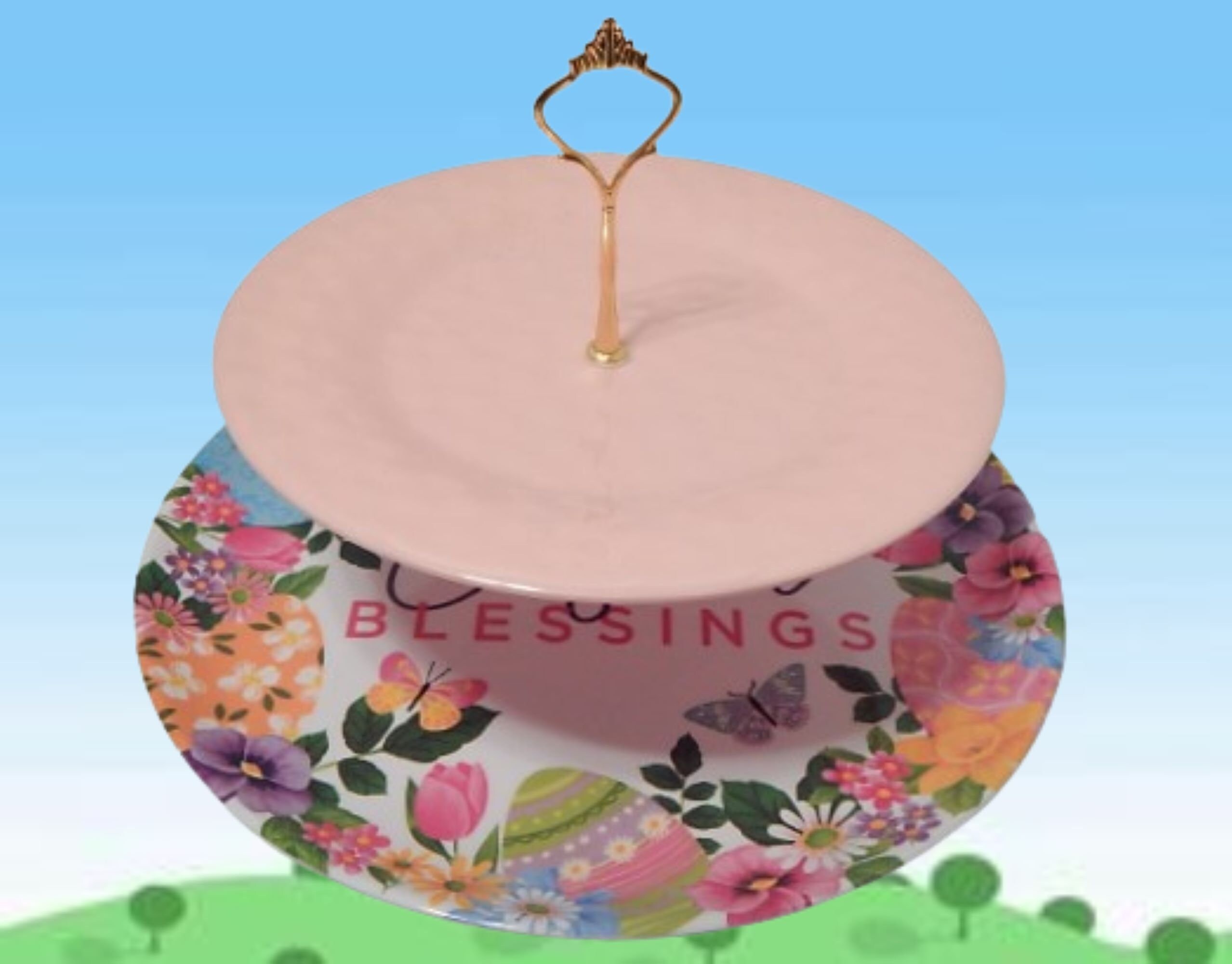Two Tier Easter Serving Platter Set New 14" Floral and 9.5" Pink ...