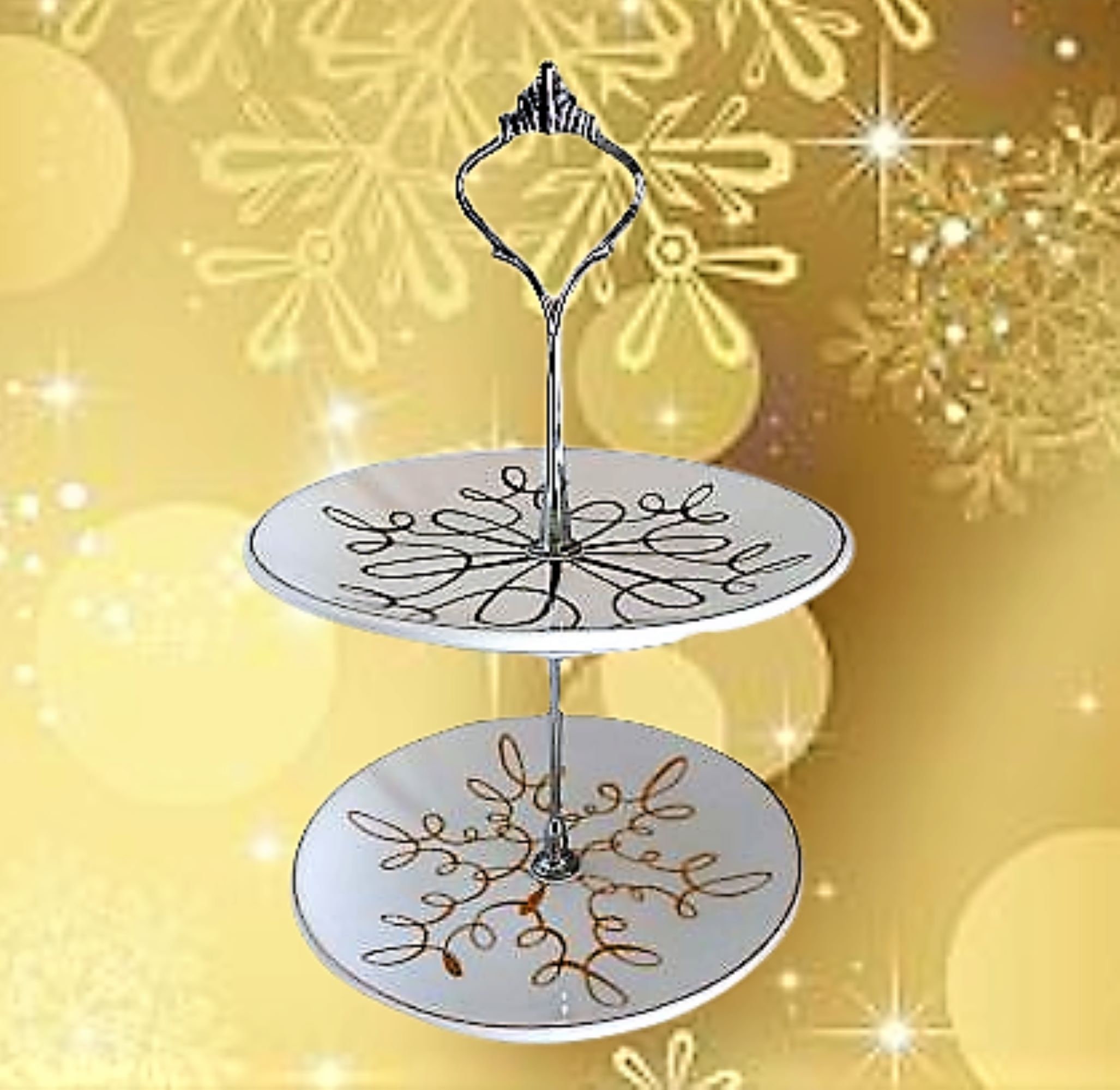 Two Tier Snack Serving Set Silver and Gold Snowflake China Plates ...