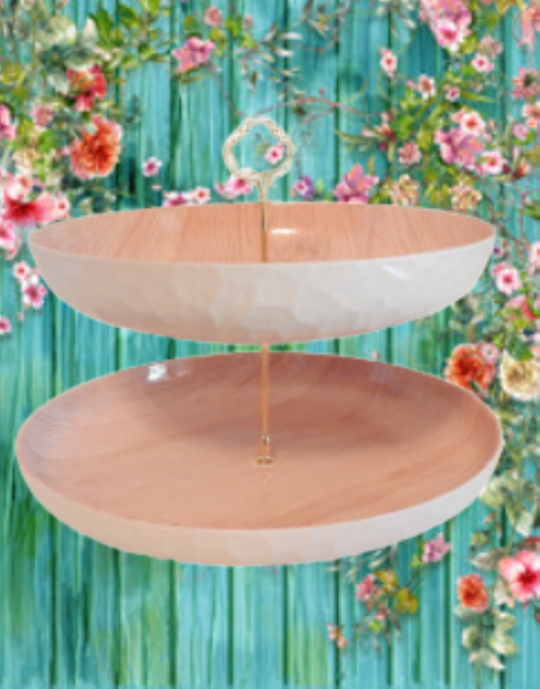 Two Layer Snack or Dessert Serving Tiers New Wood Grain Style Plate and ...