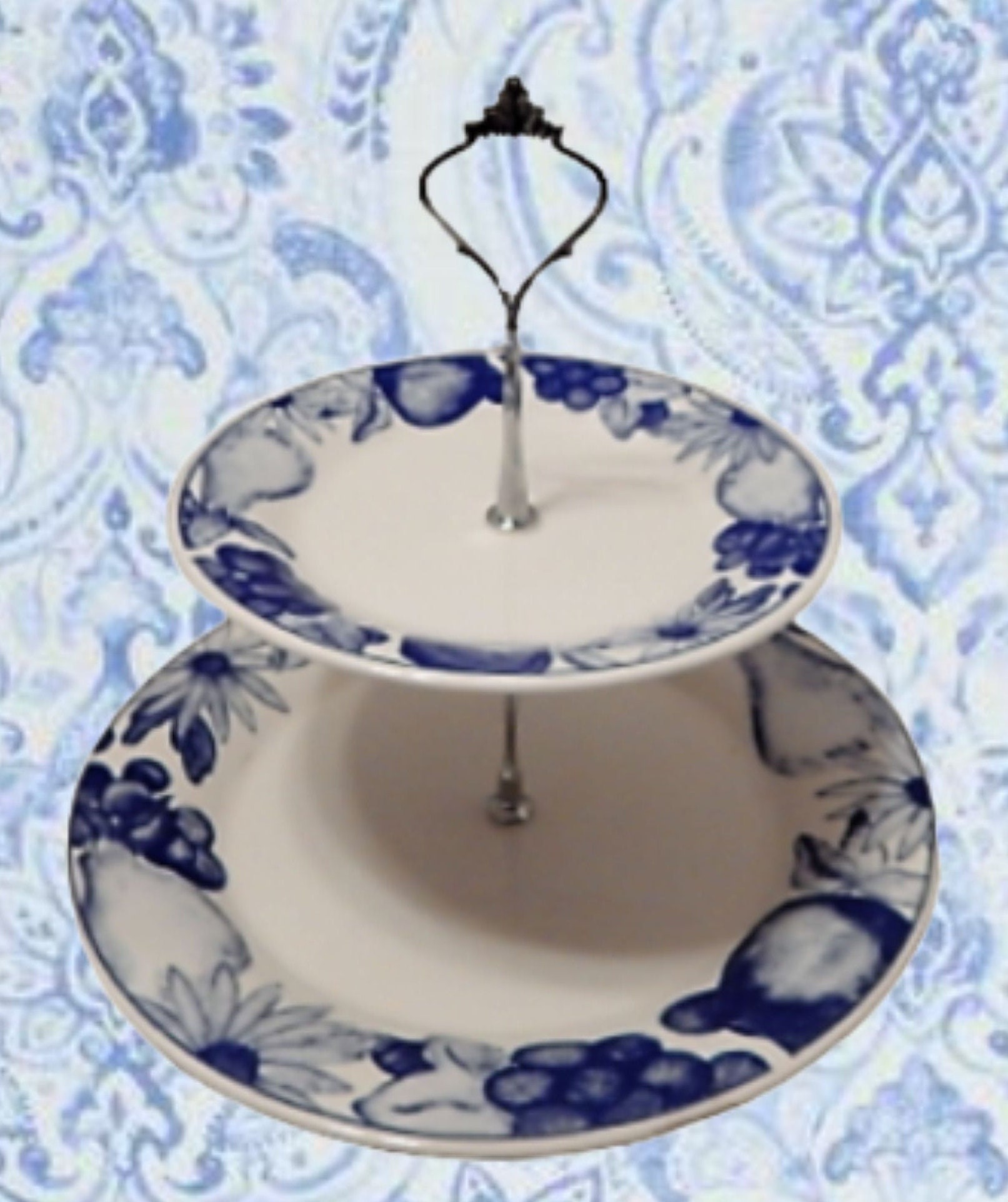 Two Tier Serving Plates Blue and White Trays Vintage 1980s Oneida Fruit ...