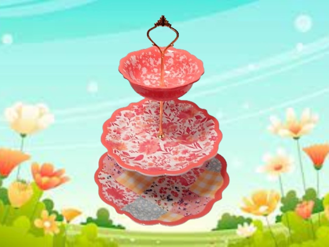 Three Tier Serving Set New Pioneer Woman Dishes Peach Patchwork Medley ...