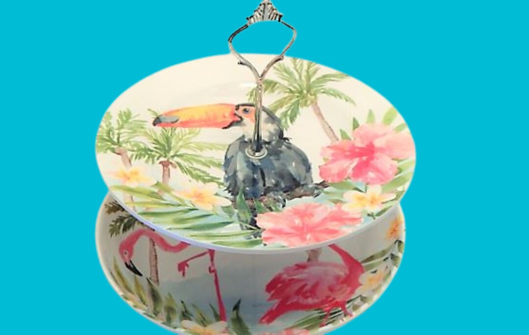 Toucan Flamingos Pink Hibiscus Two Tier Serving Dish New Melamine Bowl ...