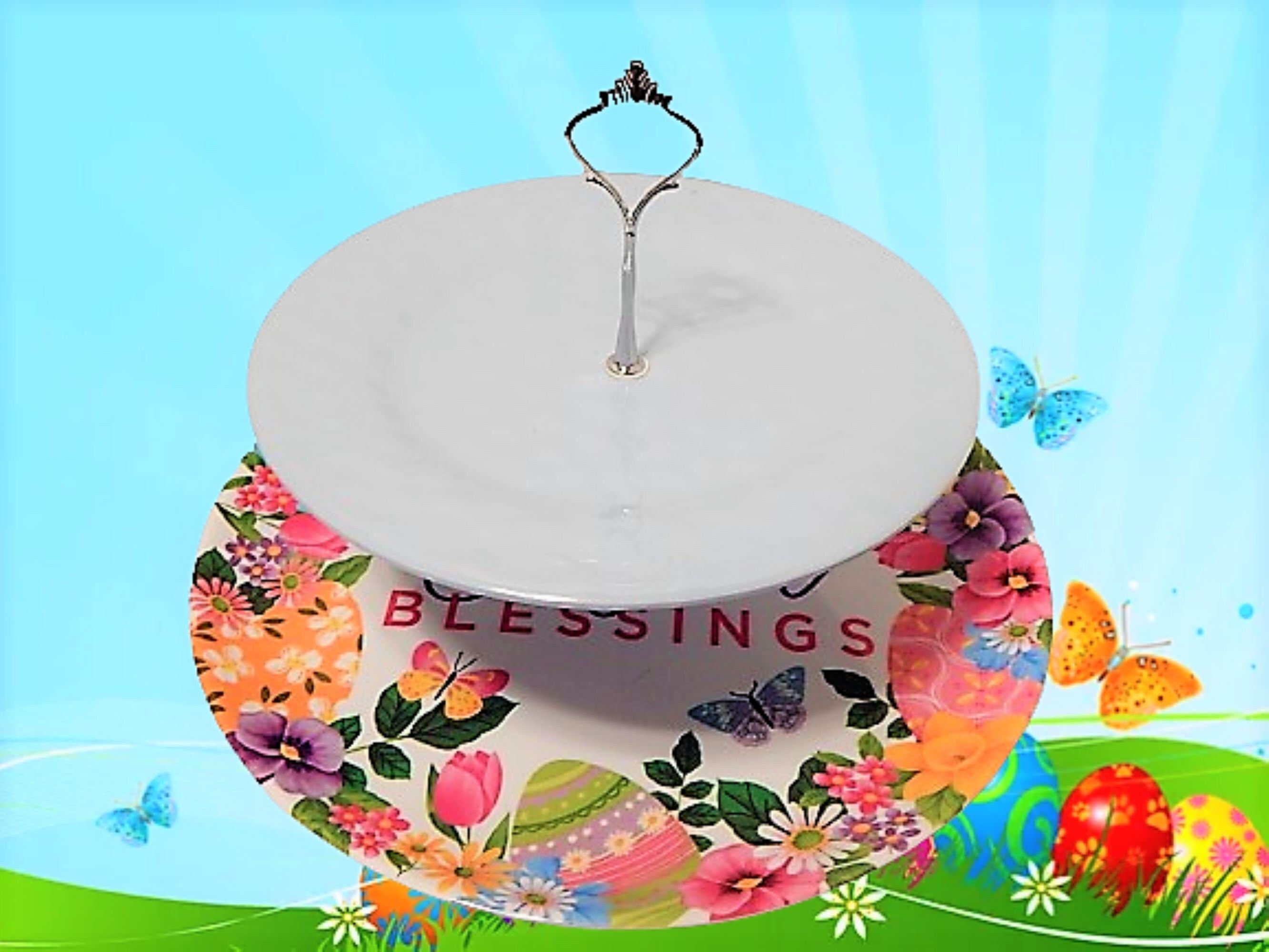 Two Tier Serving Platter Set New 14 Easter Blessings Floral and 9.5 ...