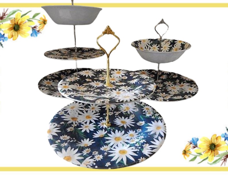 Three or Two Tier Snack Serving Set New Daisy Flowers on Blue Melamine ...