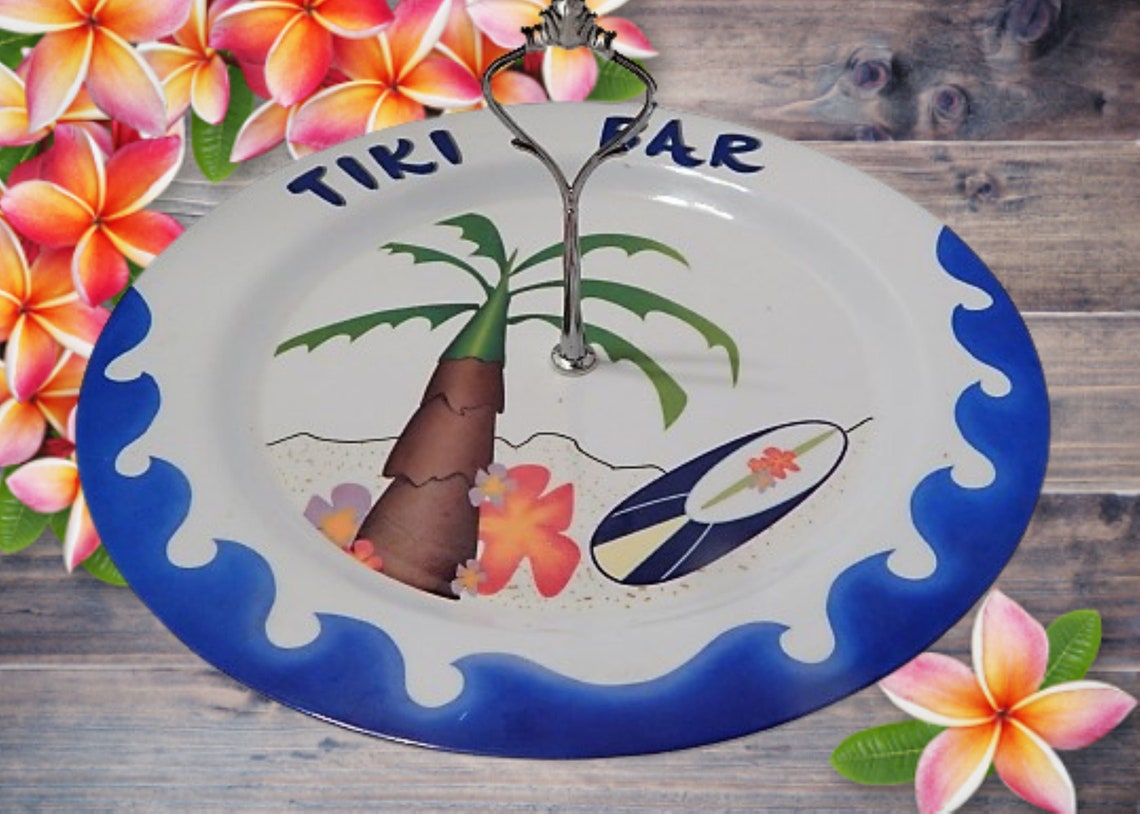 TIKI BAR Platter One Tier Buffet Serving Dish New 12" Melamine Surf ...