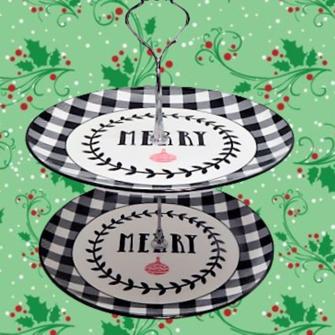 Two Tier Merry Christmas China Plates Black and White Buffalo Plaid ...