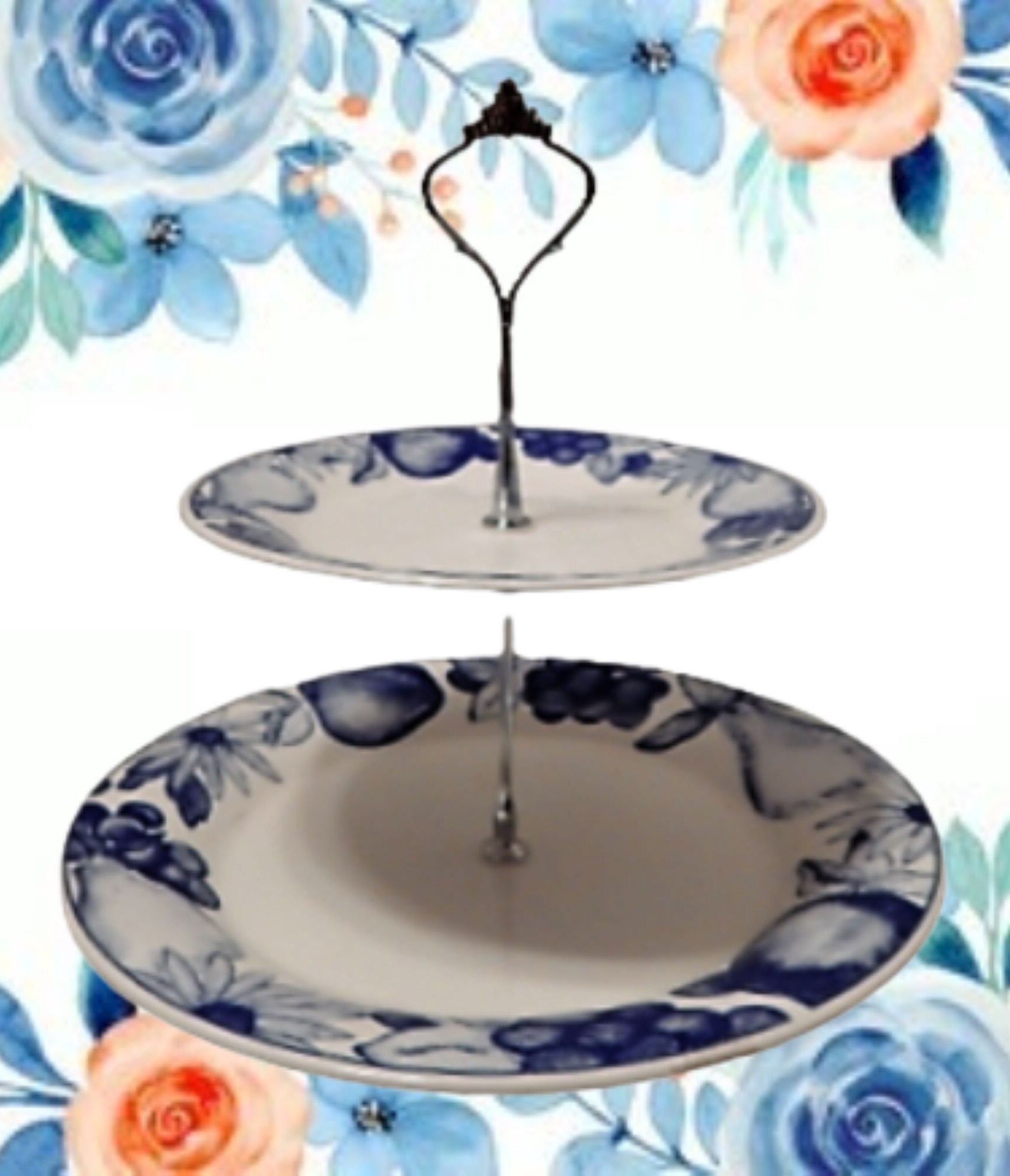 Two Tier Serving Plates Blue and White Trays Vintage 1980s Oneida Fruit ...