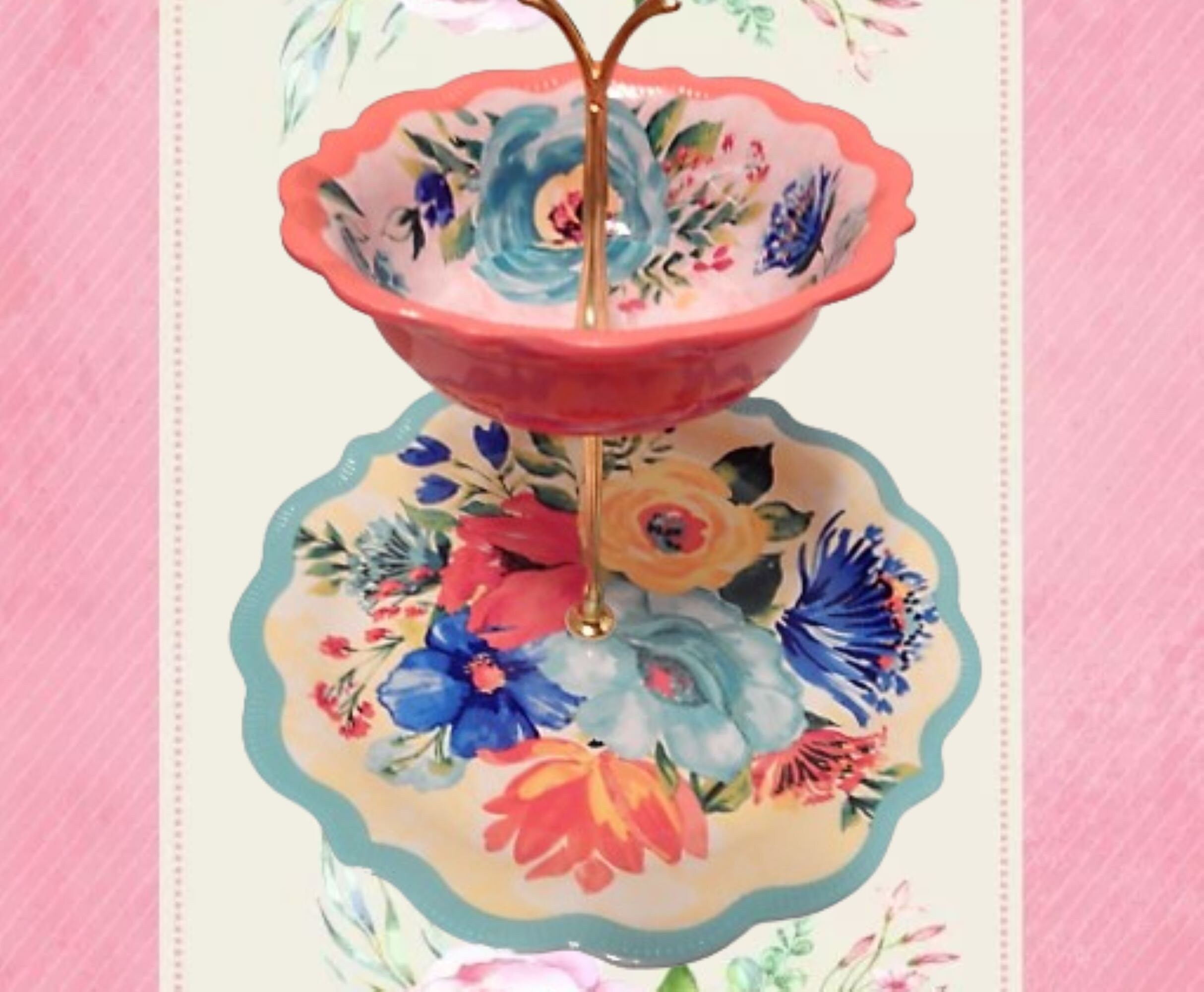 Two Tier Snack Serving Set Pioneer Woman Melamine Delaney Floral Dishes ...