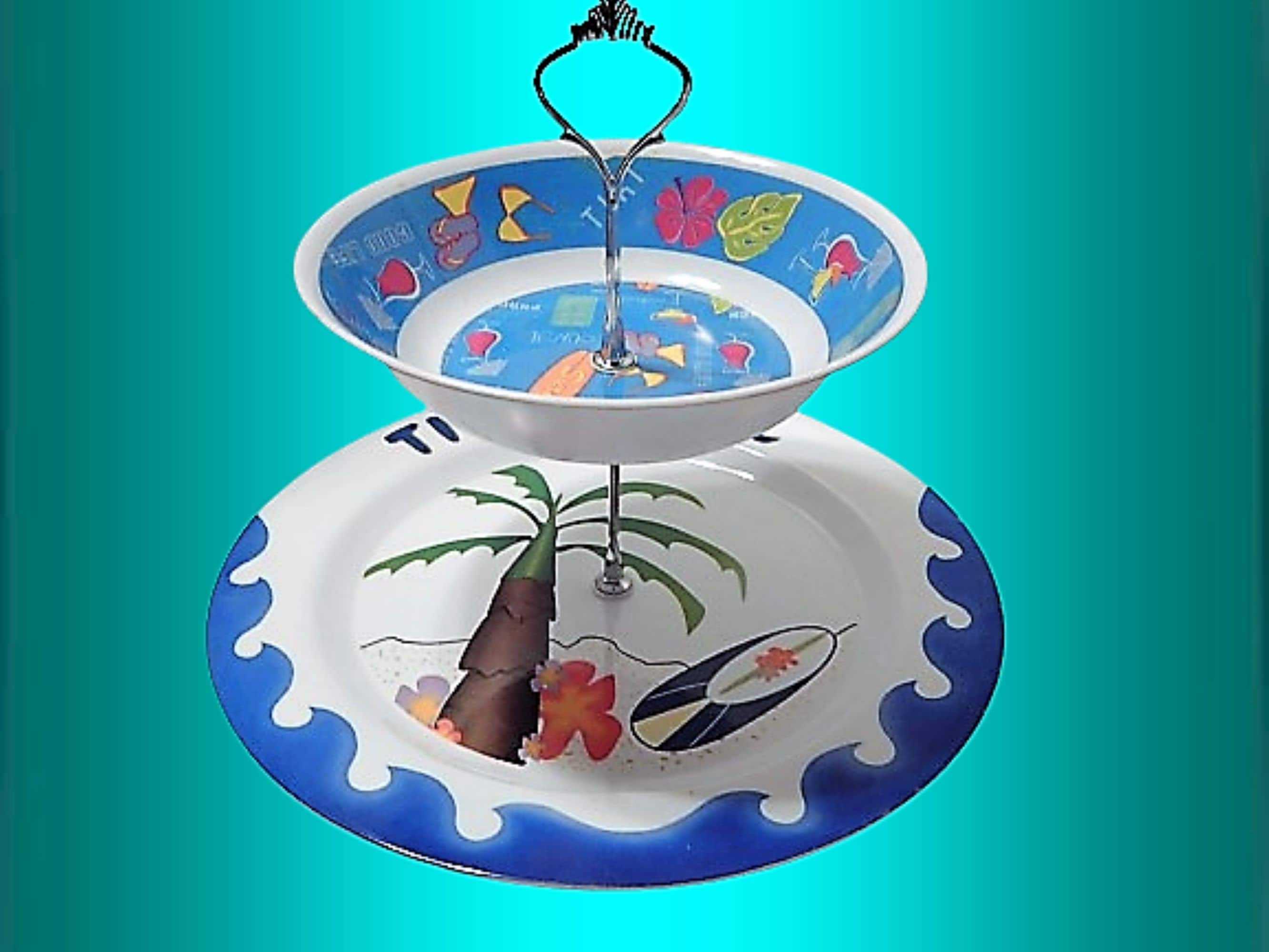 Two Tier TIKI BAR Serving Set Melamine Platter and Bowl Buffet Dishes ...