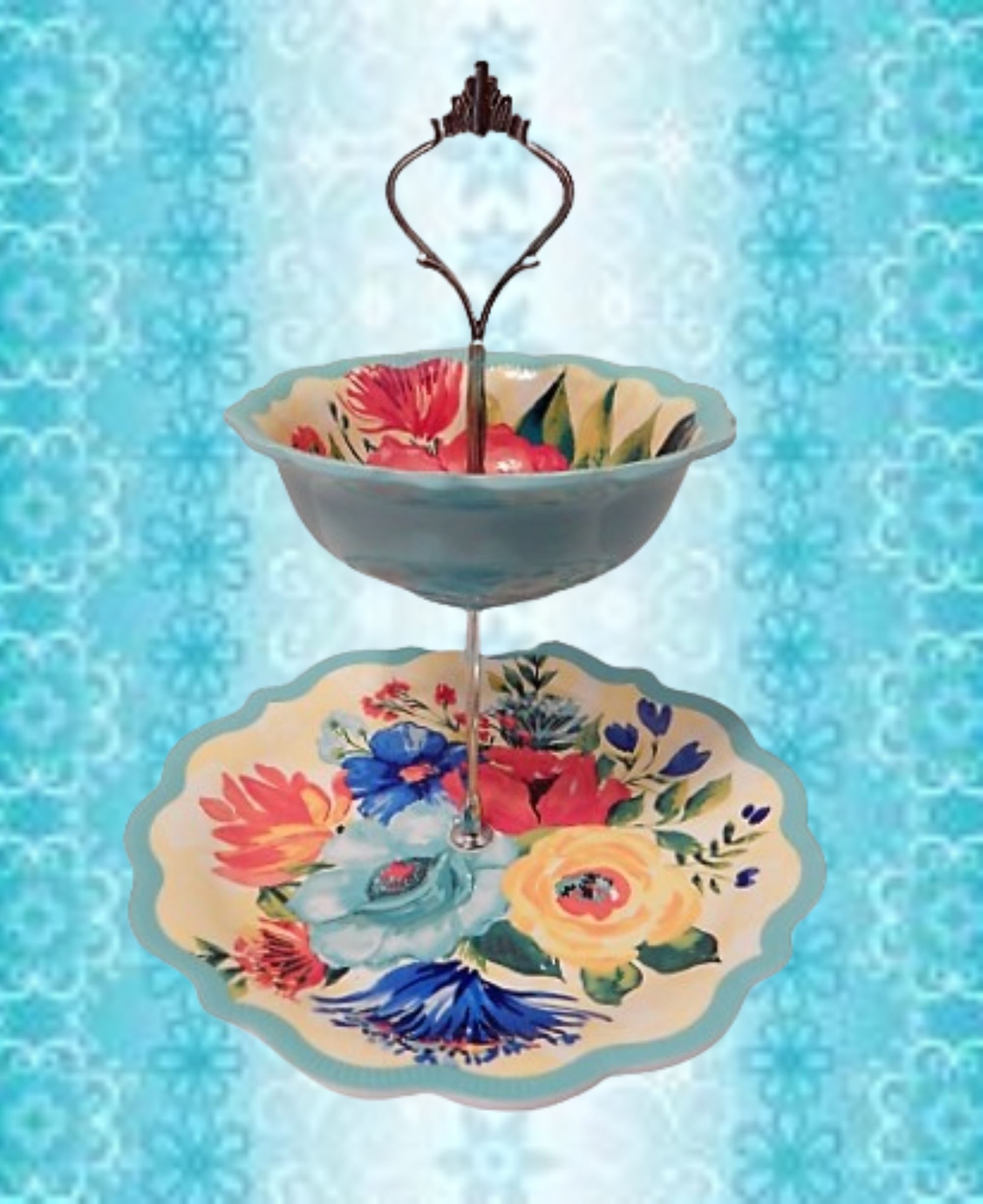 Two Tier Snack Serving Set Pioneer Woman Melamine Delaney Floral Dishes ...