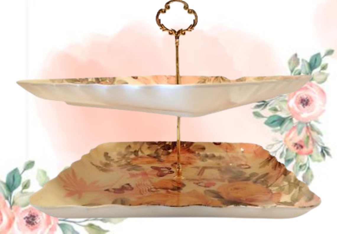 Two Tier Serving Tray Set Golden Yellow Orange Rose Floral - Etsy