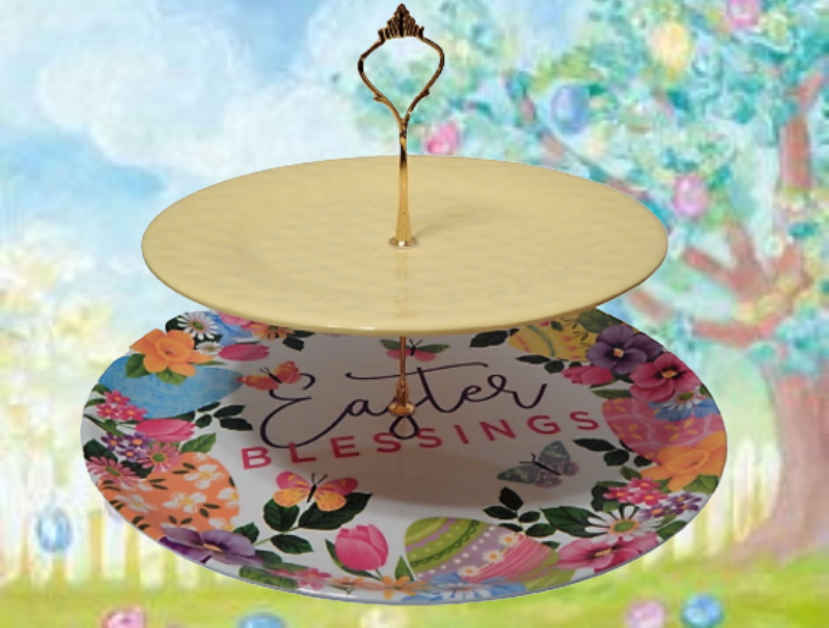 Two Tier Serving Platter Set New 14 Easter Blessings Floral and 9.5 ...