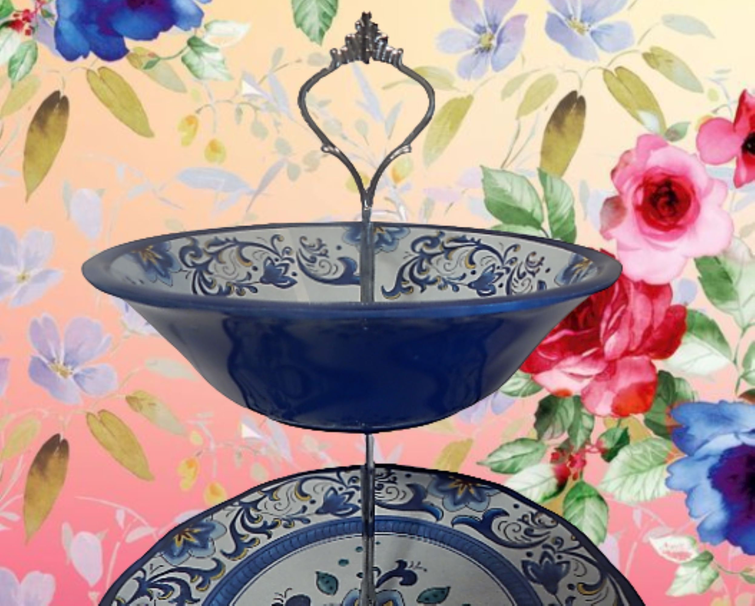 Three Tier Snack Serving Set New Riviera Blue Floral Melamine - Etsy