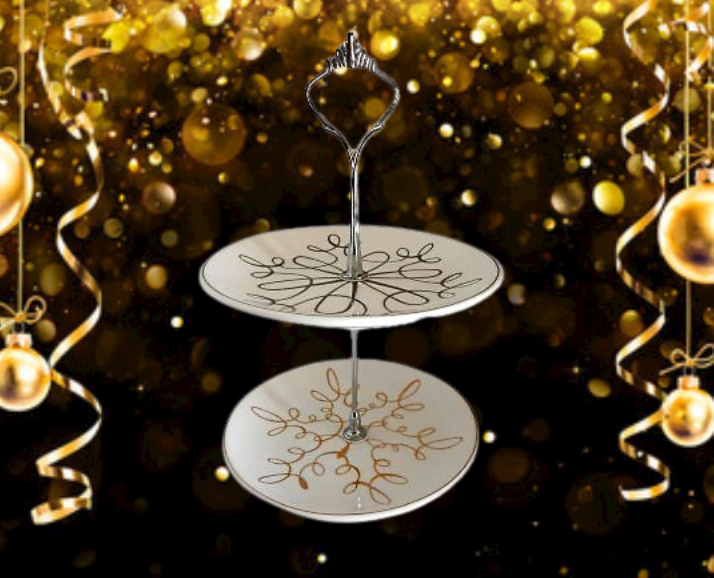 Two Tier Snack Serving Set Silver and Gold Snowflake China Plates ...