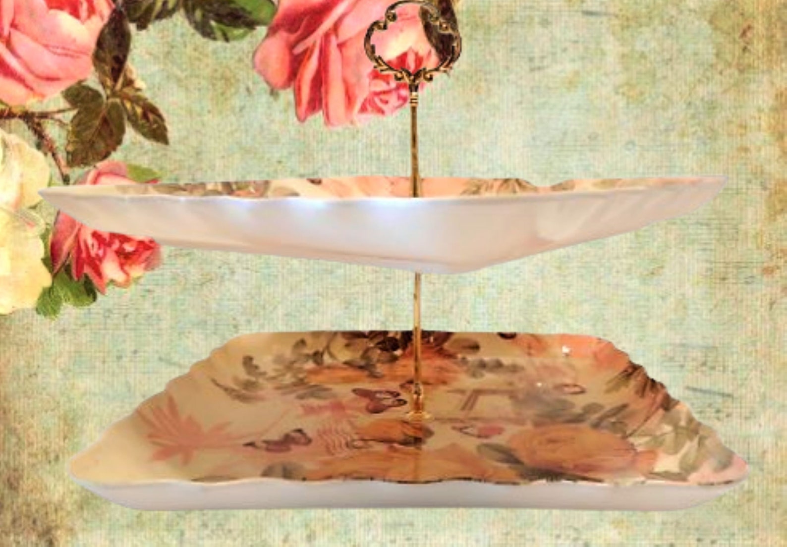 Two Tier Serving Tray Set Golden Yellow Orange Rose Floral - Etsy