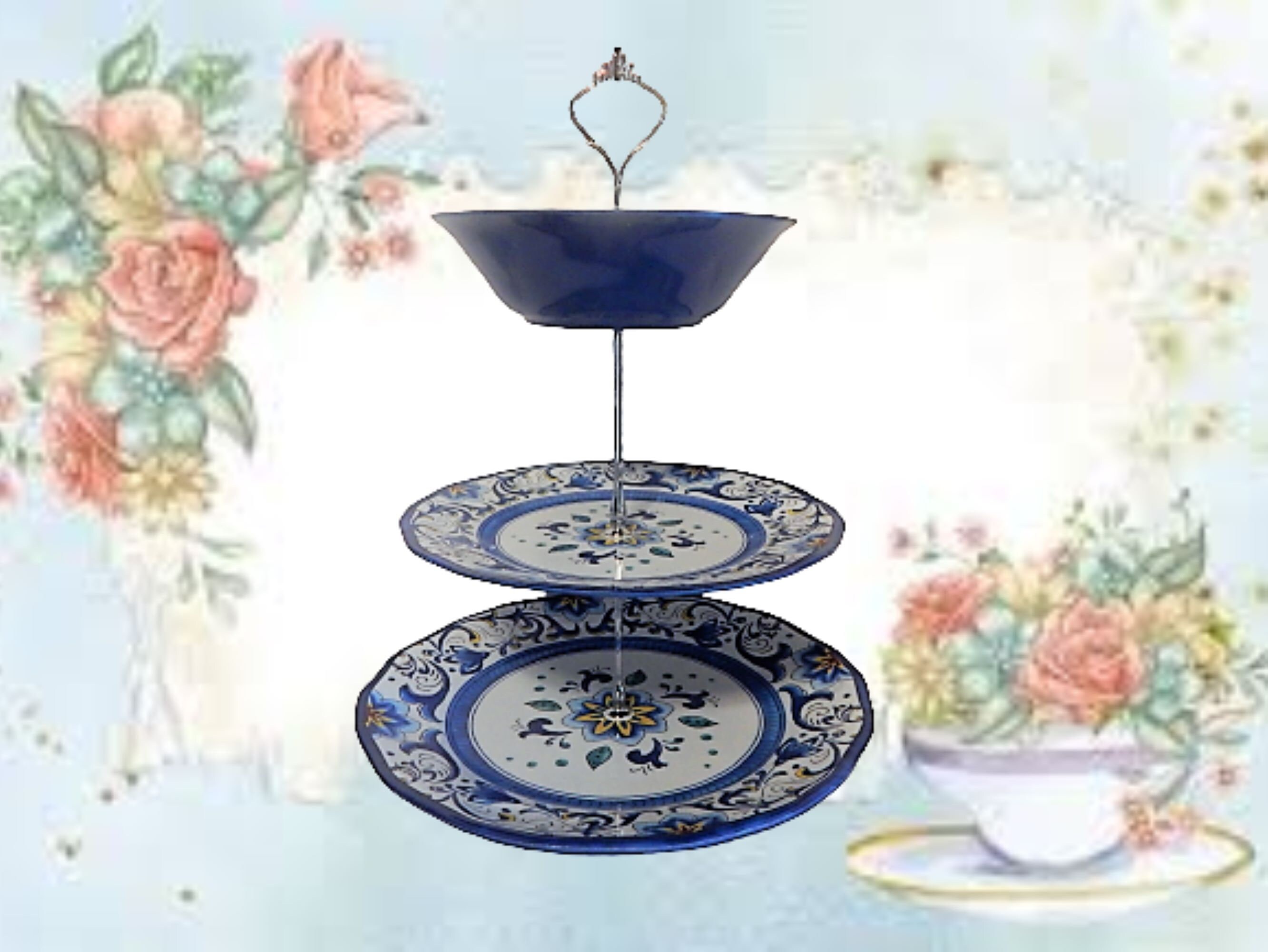 Three Tier Snack Serving Set New Riviera Blue Floral Melamine - Etsy