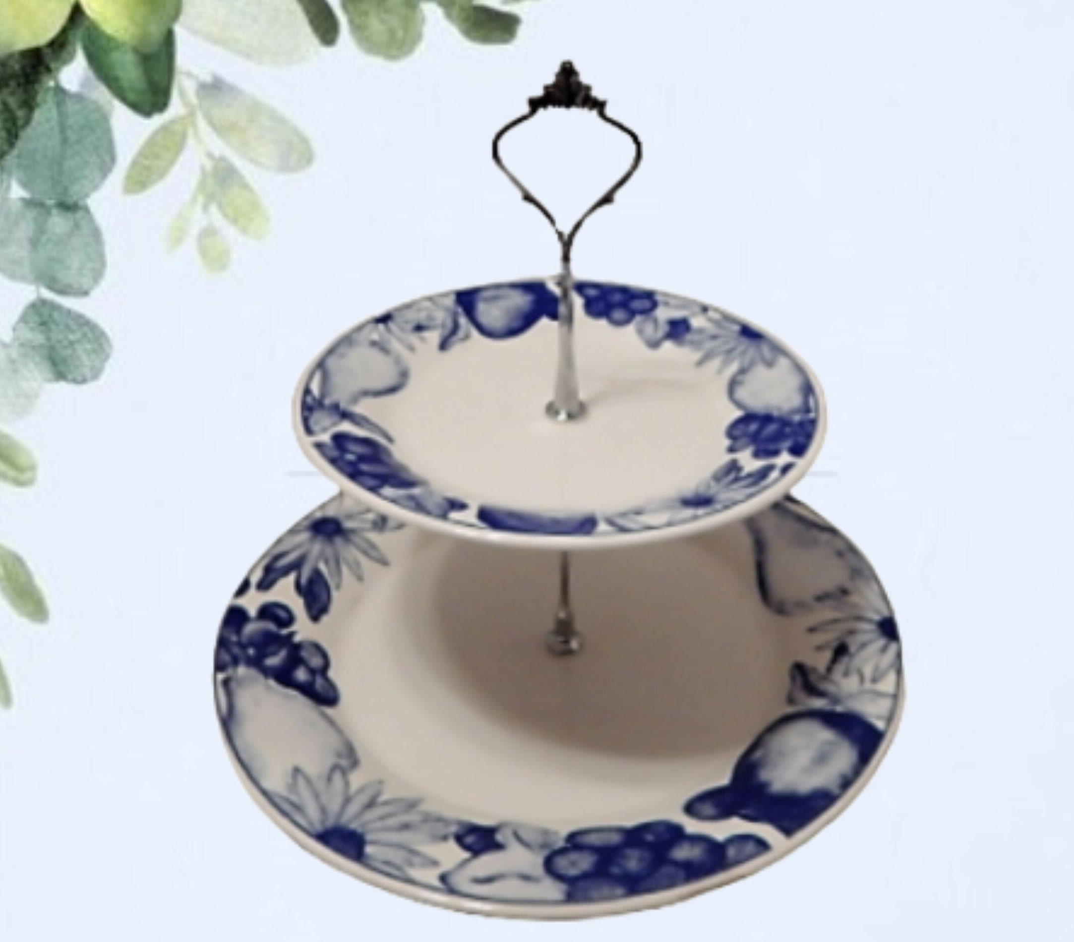 Two Tier Serving Plates Blue and White Trays Vintage 1980s Oneida Fruit ...