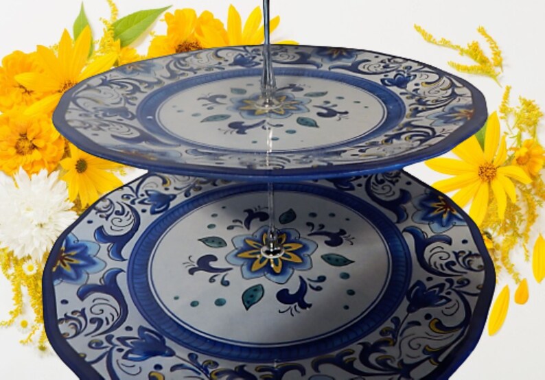 Three Tier Snack Serving Set New Riviera Blue Floral Melamine - Etsy