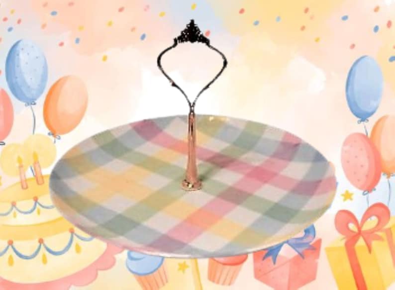 Two Tier Easter Serving Platter Set New Melamine Plaid and White Bunny ...