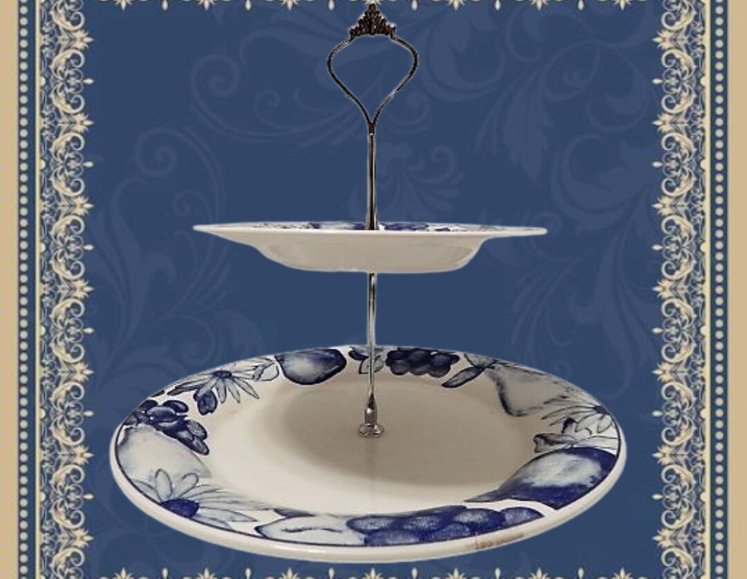 Two Tier Serving Plates Blue and White Trays Vintage 1980s Oneida Fruit ...
