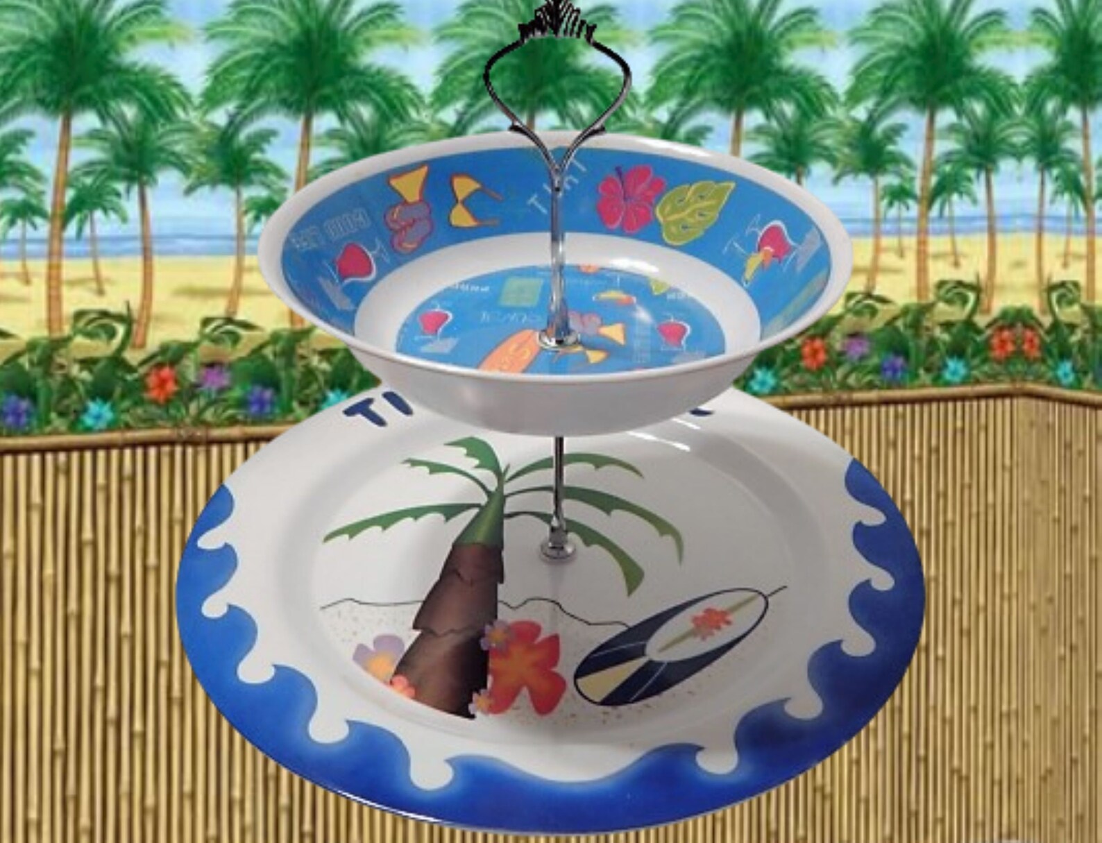 Two Tier TIKI BAR Serving Set Melamine Platter and Bowl Buffet Dishes ...