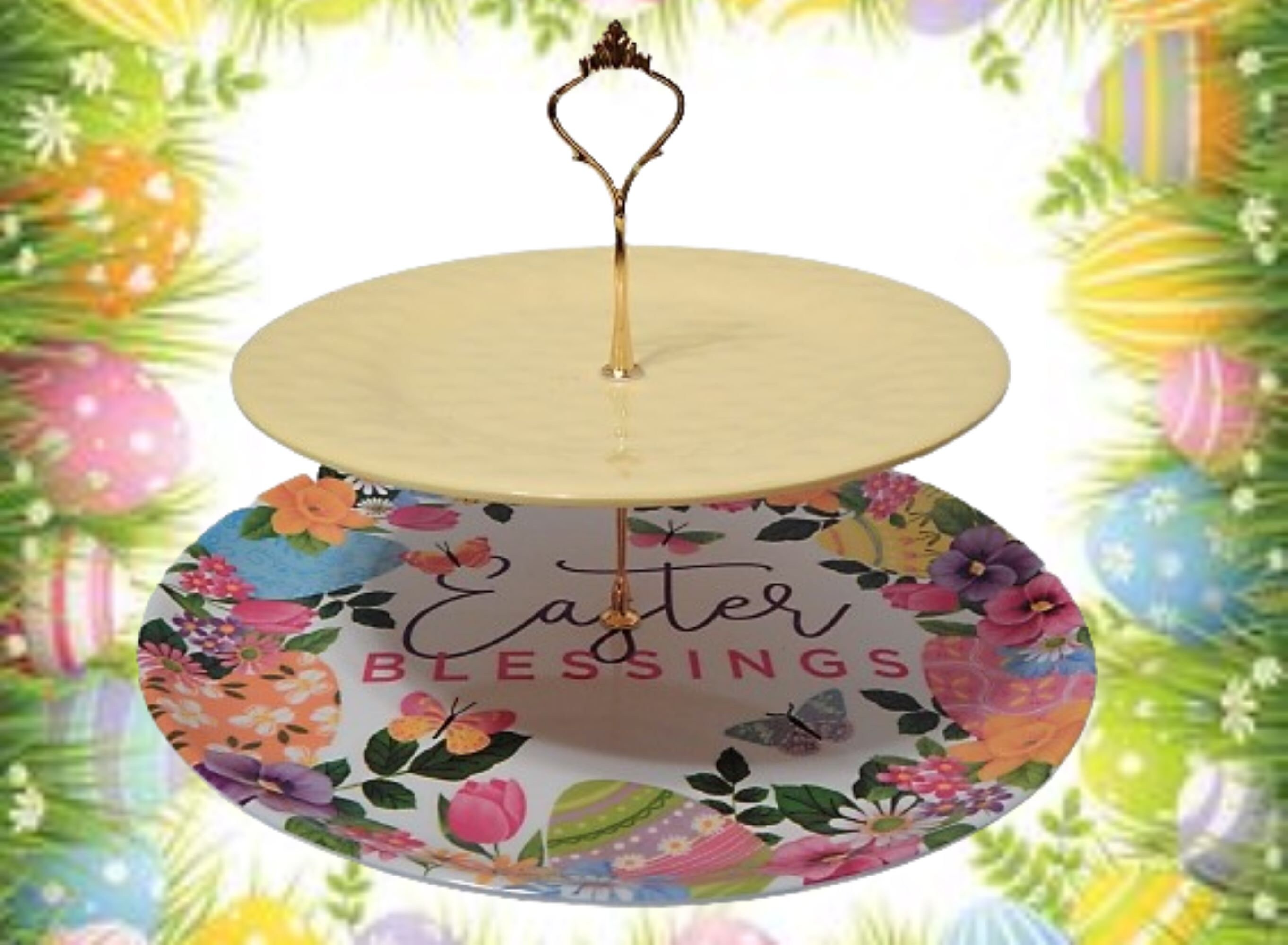 Two Tier Serving Platter Set New 14 Easter Blessings Floral and 9.5 ...