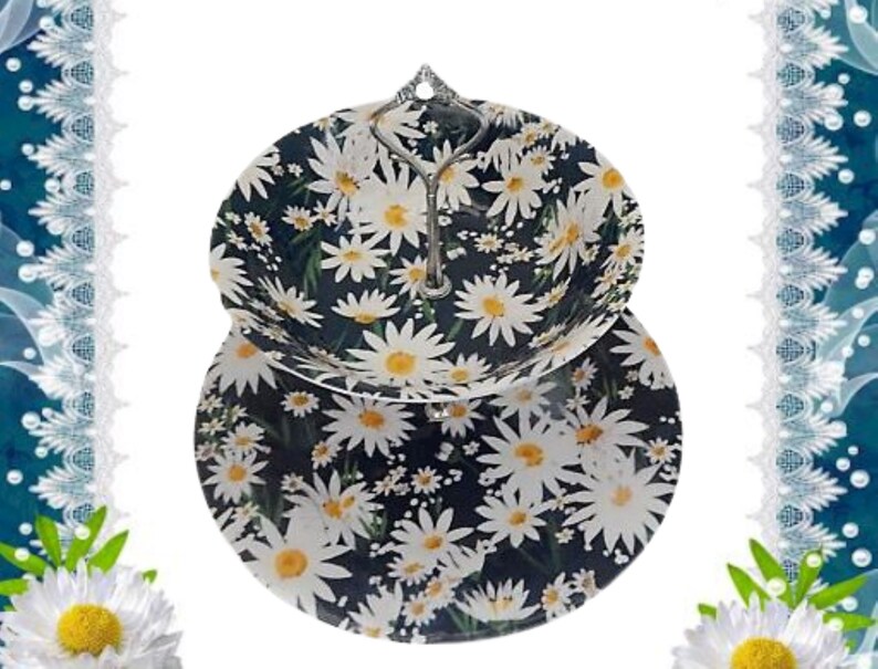 Three or Two Tier Snack Serving Set New Daisy Flowers on Blue Melamine ...