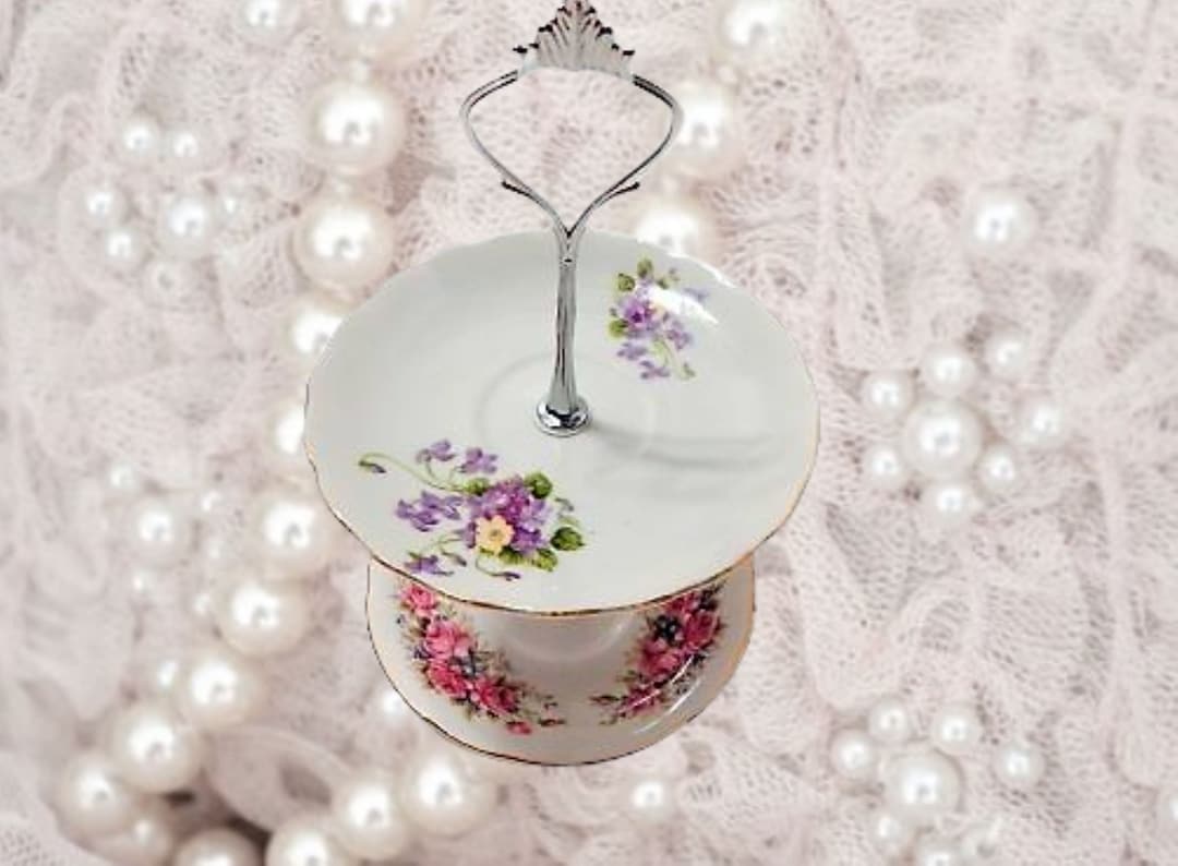 Two Tier Serving Plate Set Vintage 1960s Saucers Pink Purple Floral ...