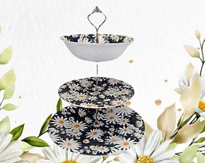 Three or Two Tier Snack Serving Set New Daisy Flowers on Blue Melamine ...