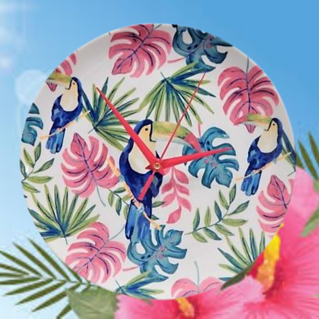 Toucan Tropical Foliage Electric Wall Hanging Clock 11" Green Blue Pink ...