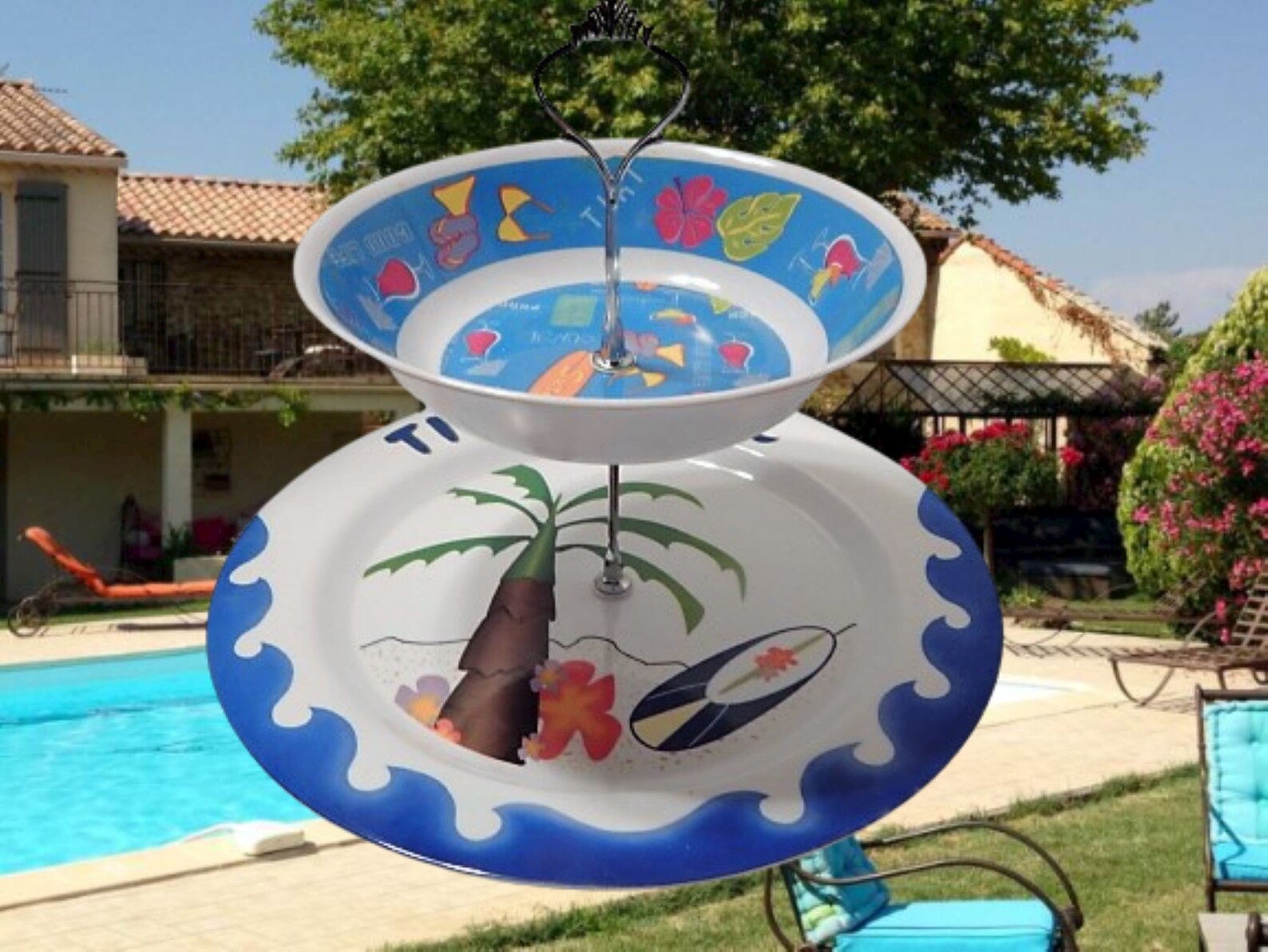 Two Tier TIKI BAR Serving Set Melamine Platter and Bowl Buffet Dishes ...