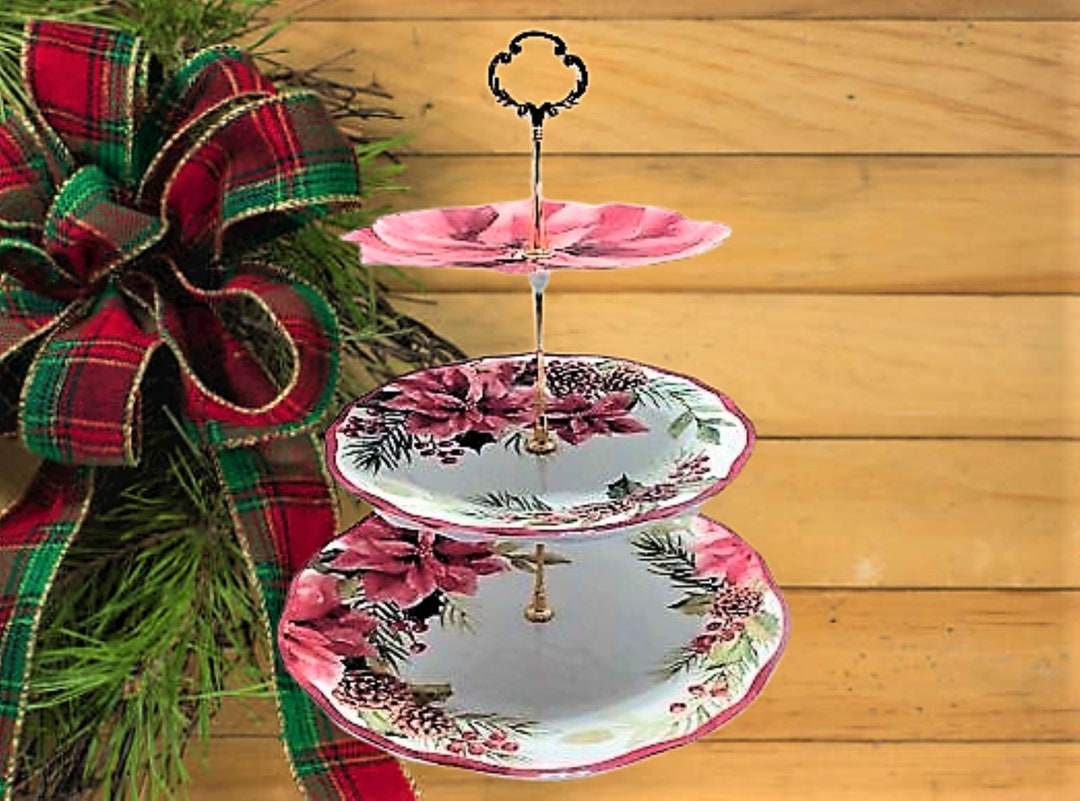 Three Tier Red Poinsettia Christmas Serving Platter Set New Melamine ...