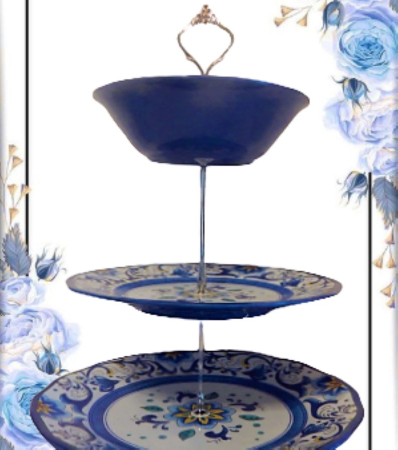 Three Tier Snack Serving Set New Riviera Blue Floral Melamine - Etsy